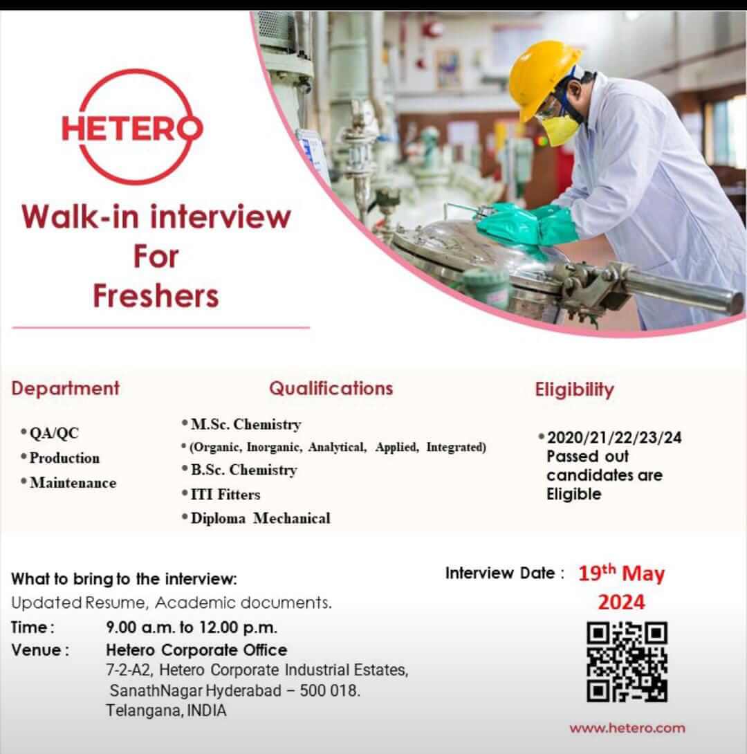 Walk-in Interview for Freshers at HETERO - Career Pathway