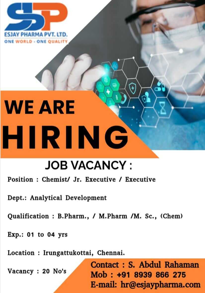 "Join Esjay Pharma as a Chemist: 20 Vacancies in Analytical Development ...