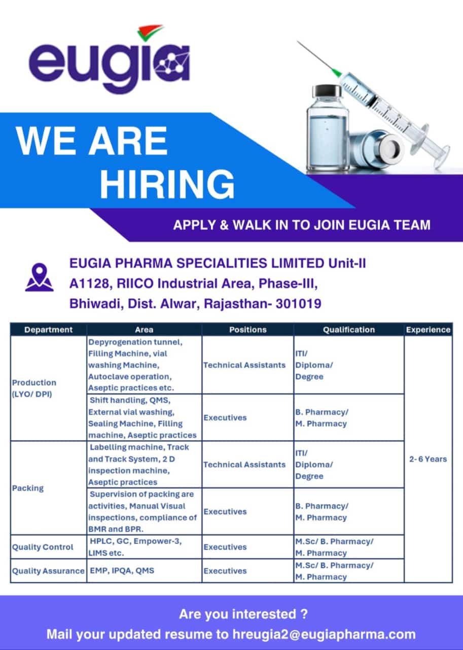 Eugia Pharma Walk-In Hiring Department-Wise Openings - Career Pathway
