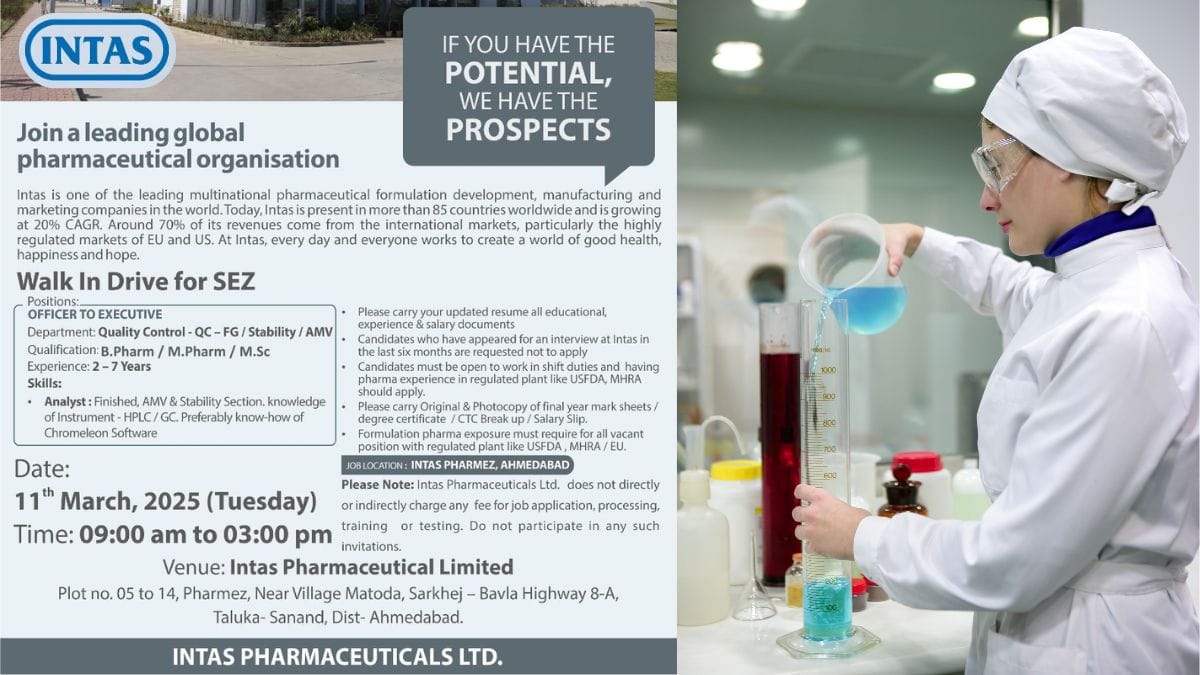 Intas Pharma Walk-In: QC Officer/Executive (Ahmedabad) | March 11th ...