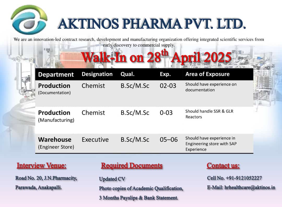 Aktinos Pharma Walk-In April 28th, 2025.(Parawada, Vizag) - Production ...