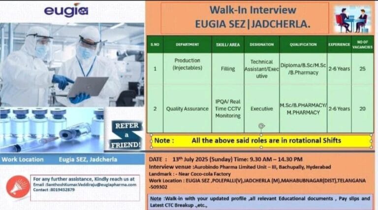 Eugia Pharma Walk-In Interview July 2025: Careers in Injectables ...