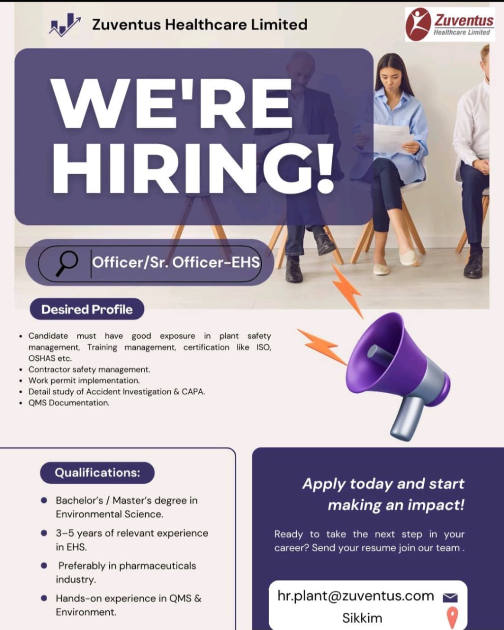EHS Officer Job Opportunity at Zuventus Healthcare - Career Pathway
