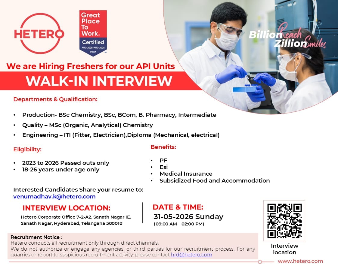 Hetero Freshers Walk-In Interview 2026 | API Units | Hyderabad - Career ...